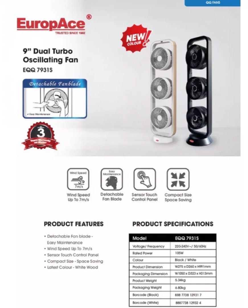 EUROPACE 9” TRIO TURBO OSCILLATING FAN Model: EQQ7931S, Furniture ...