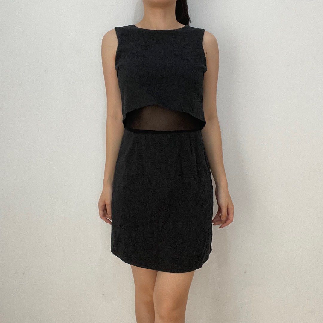 EZRA Black Floral Texture Layer Sleeveless Mini Bodycon Seethrough ...