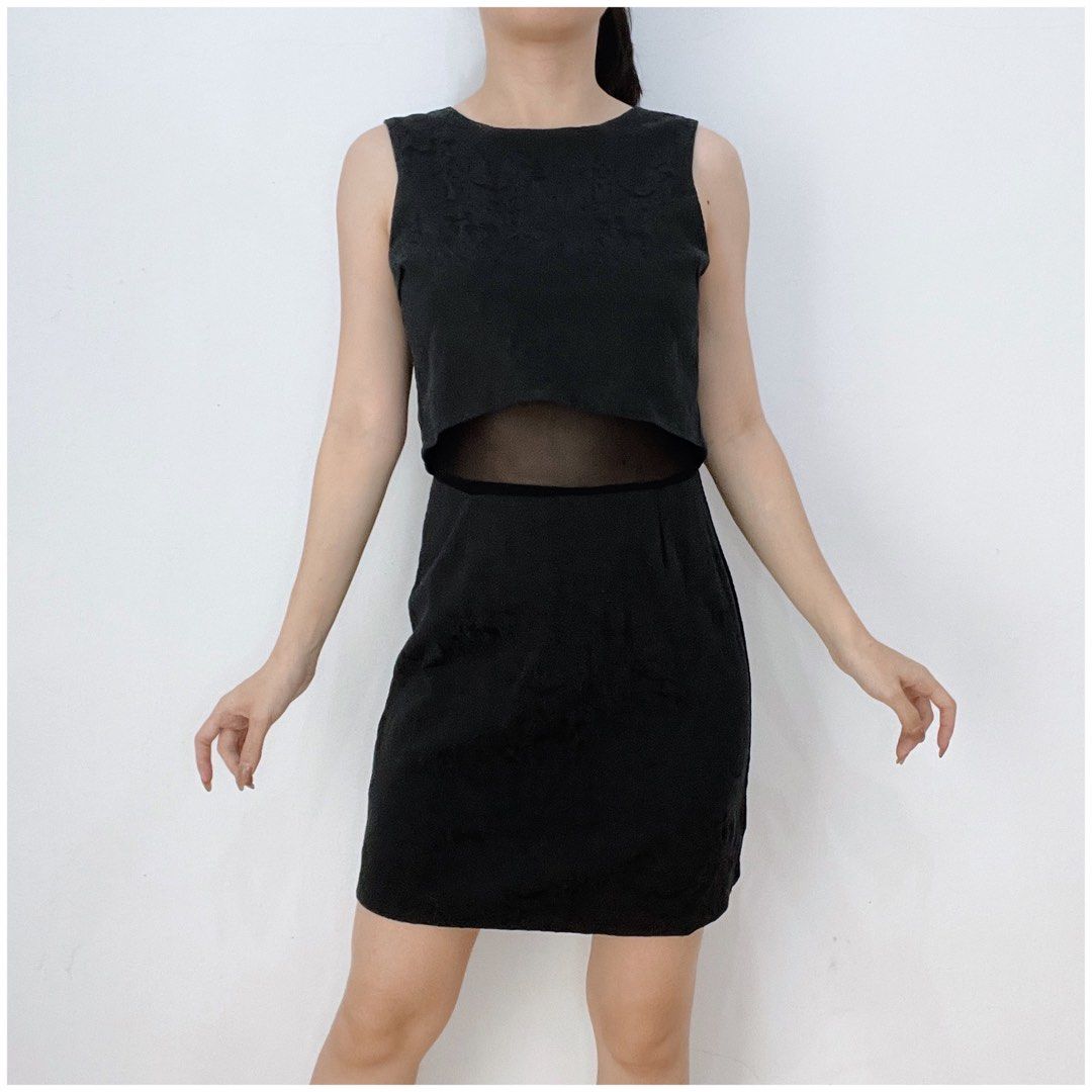 EZRA Black Floral Texture Layer Sleeveless Mini Bodycon Seethrough ...