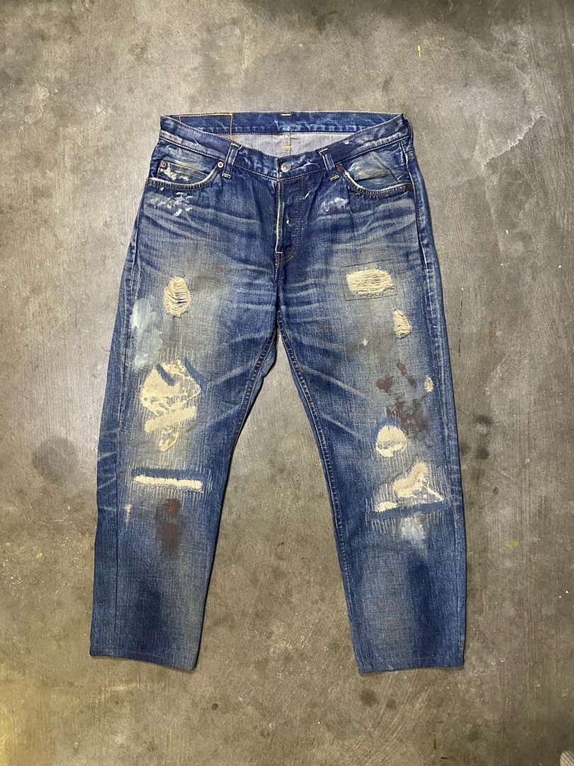 Japanese Raw Denim Distressed and Patched Jeans, Men's Fashion, Bottoms ...