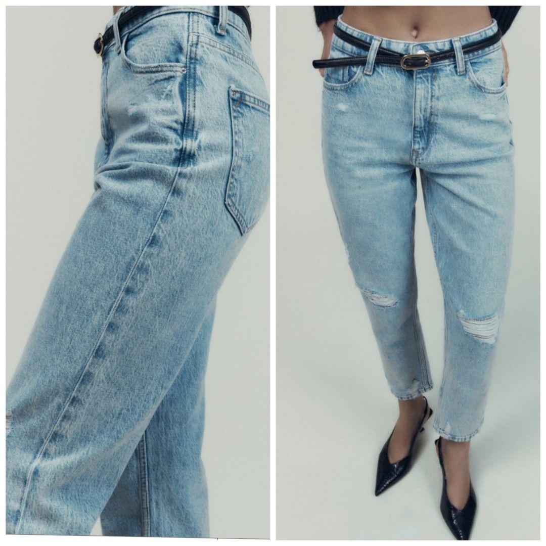 Zara ripped high-rise mom jeans on Carousell