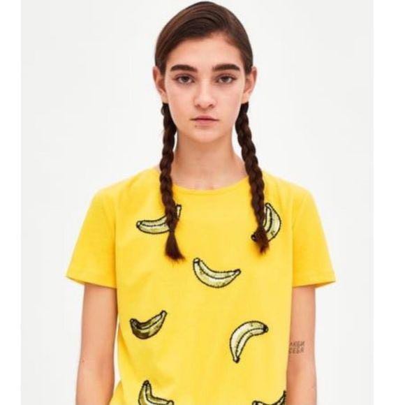 Zara sequin banana fruit top, Women's Fashion, Tops, Shirts on Carousell