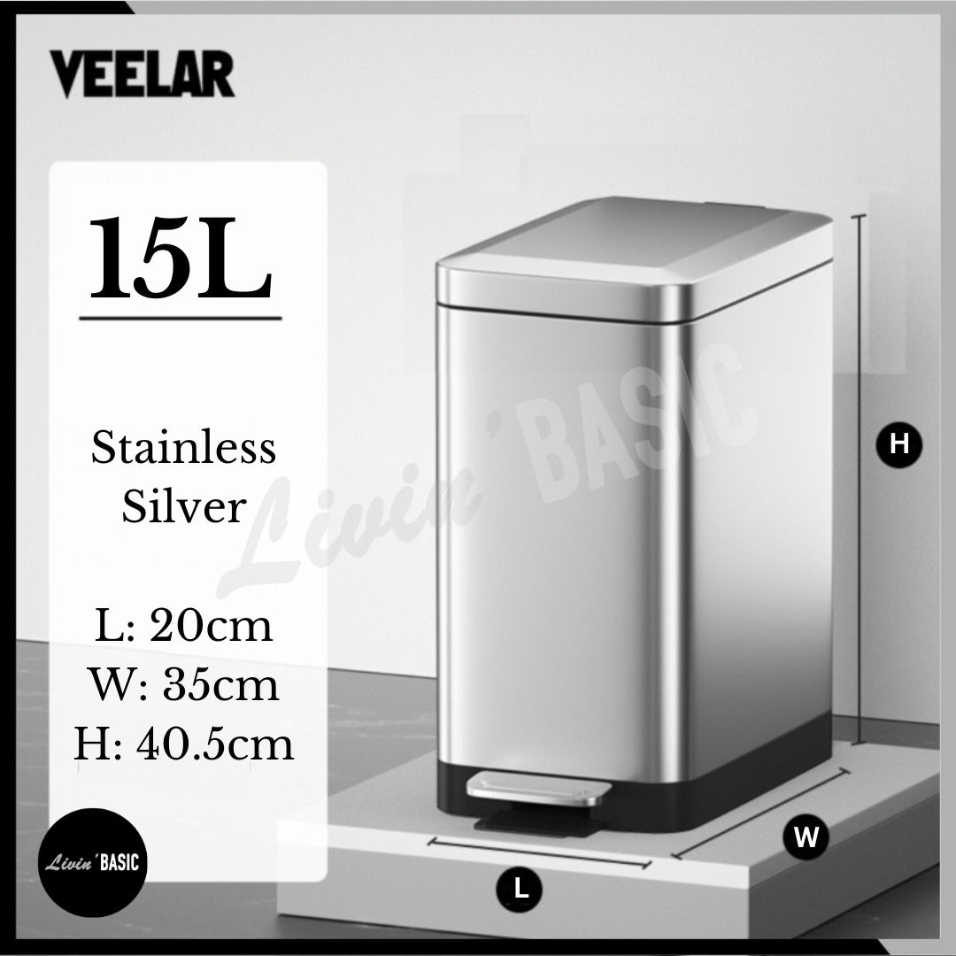 15L Step Bin Foot Pedal Extra Soft Closing Stainless Steel Dustbin ...