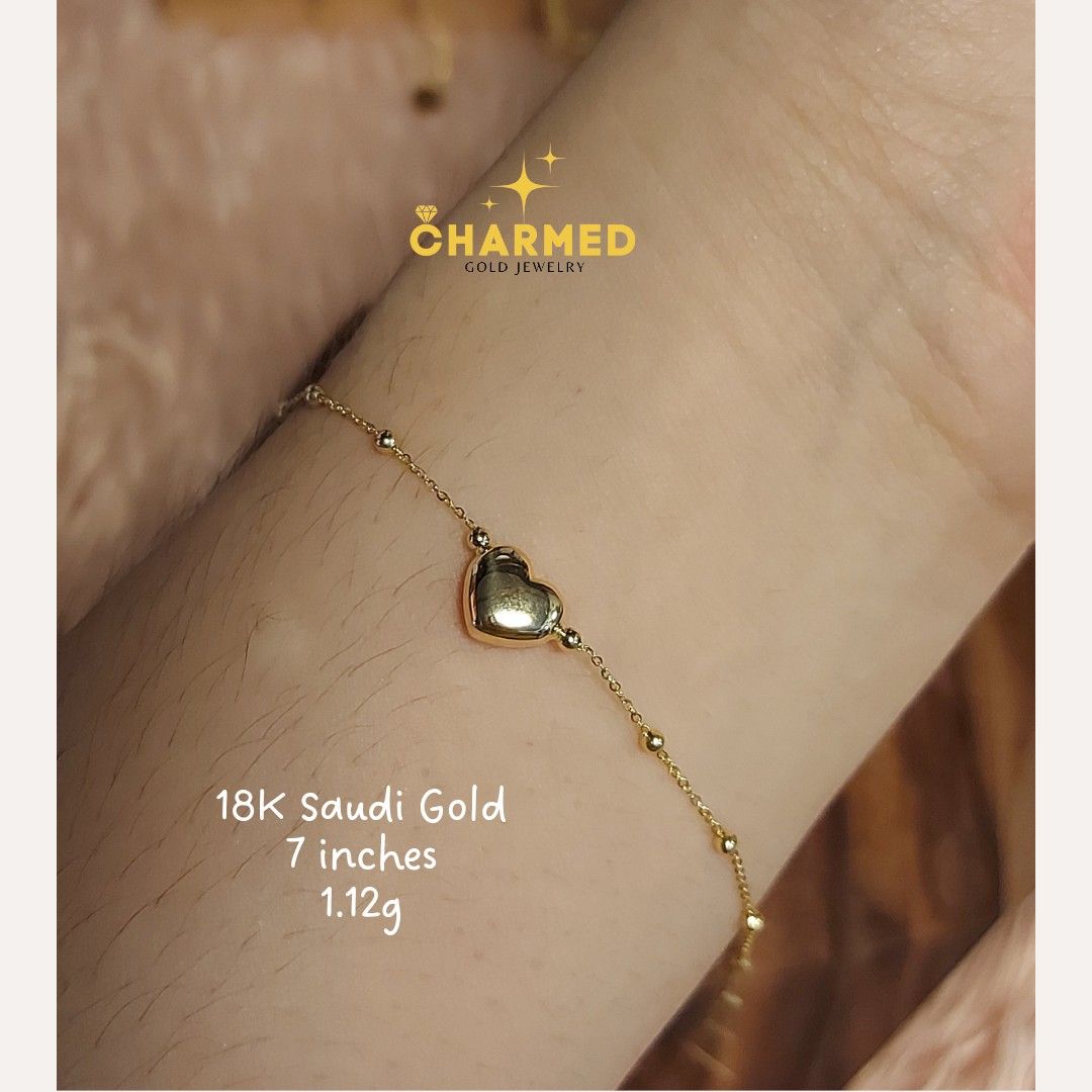 18K Saudi Gold VVSPL Heart Ball Station Ladies Gold Bracelet, Women's ...