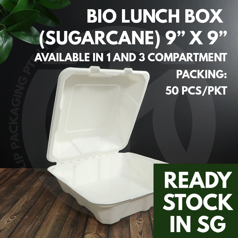 Biocane Square Lunchbox 9" (50pcs) / Bagasse Food Box / Sugarcane Pulp ...