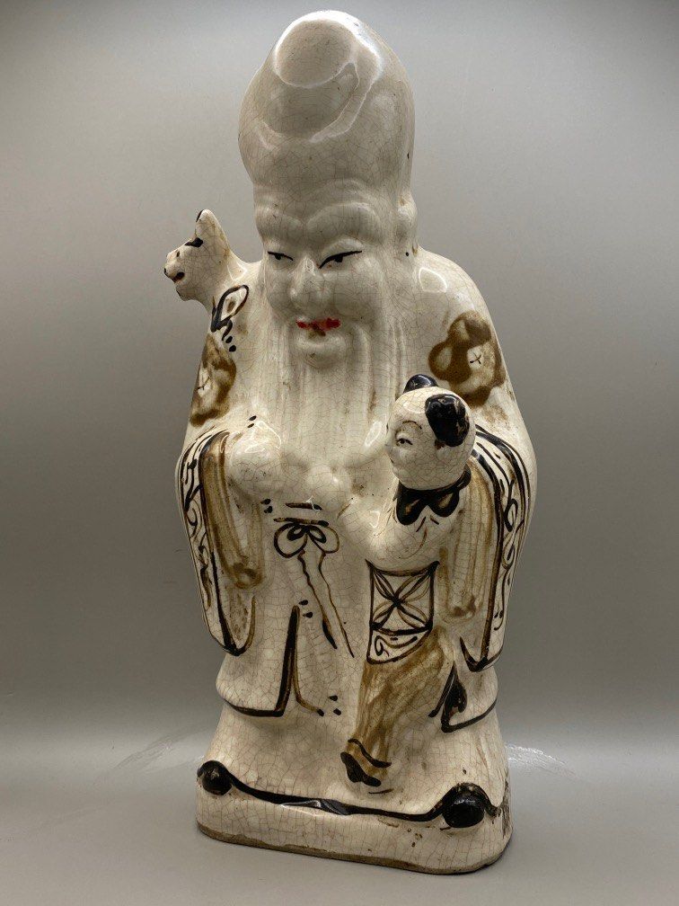 Chinese Longevity gods old man and young child figurines Old vintage ...