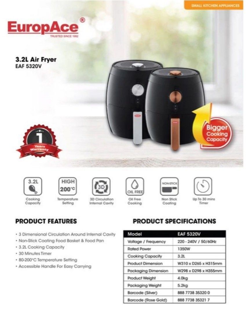 [Brand New] EuropAce Air Fryer 3.2L (EAF 5320V), TV & Home Appliances ...