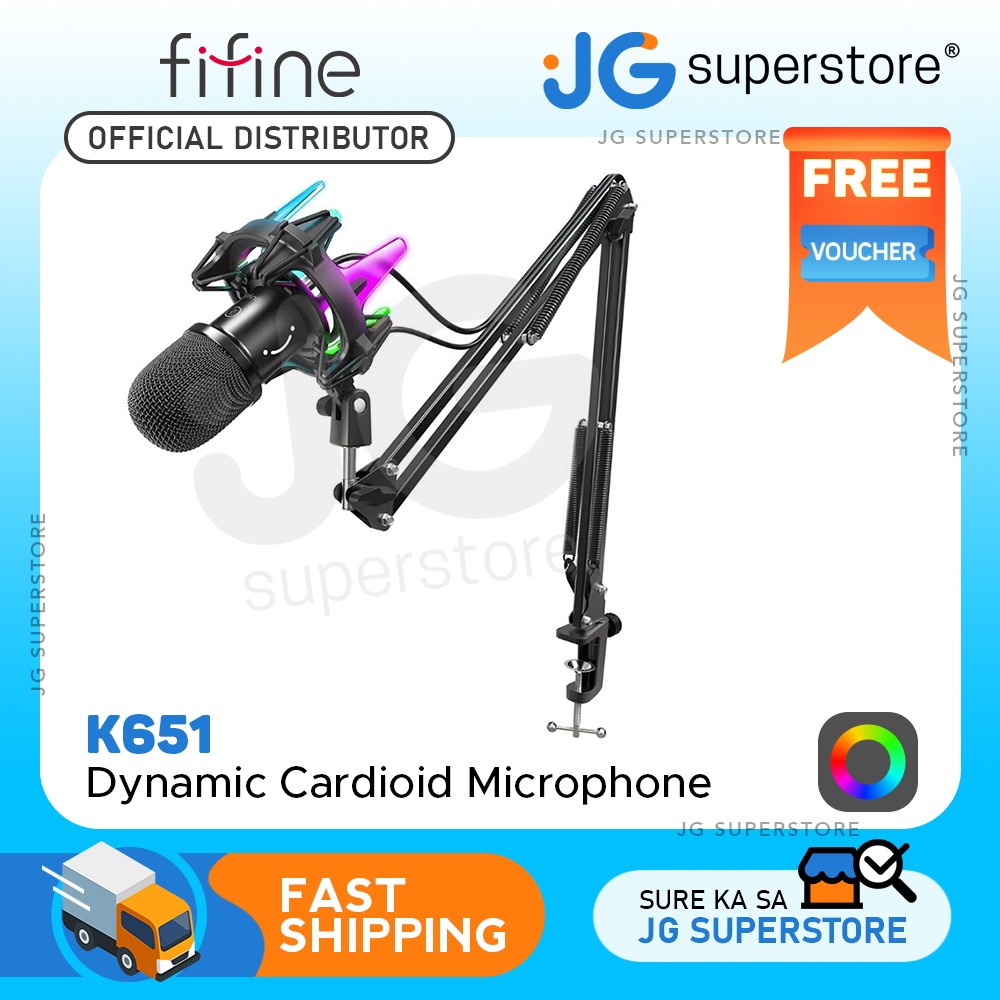 Fifine K651 USB Dynamic Cardioid Microphone Bundle with RGB Arm Shock Mount and Touch-Sensitive ...