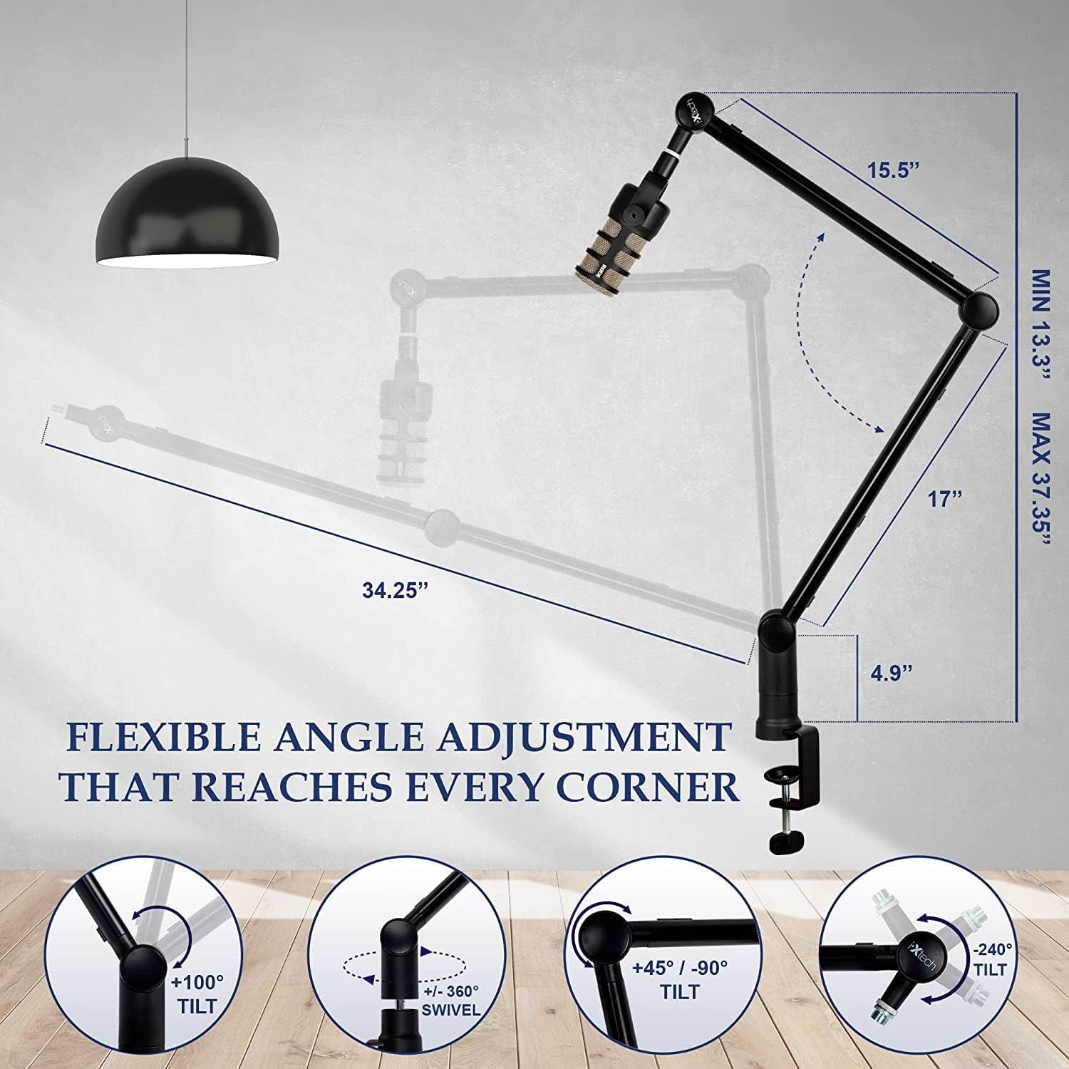 IXTECH Boom Arm - Adjustable 360° Rotatable Microphone Arm - Sturdy ...