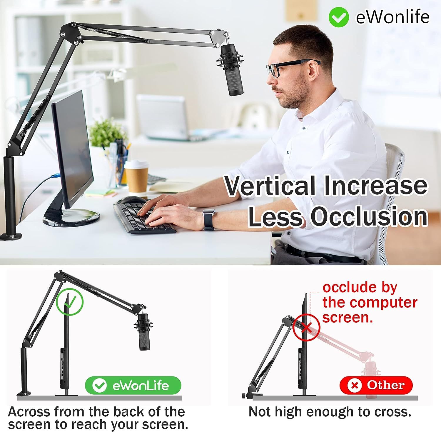 Overhead Mic Boom Arm Stand, eWonLife Desk Microphone Boom Arm Stand ...