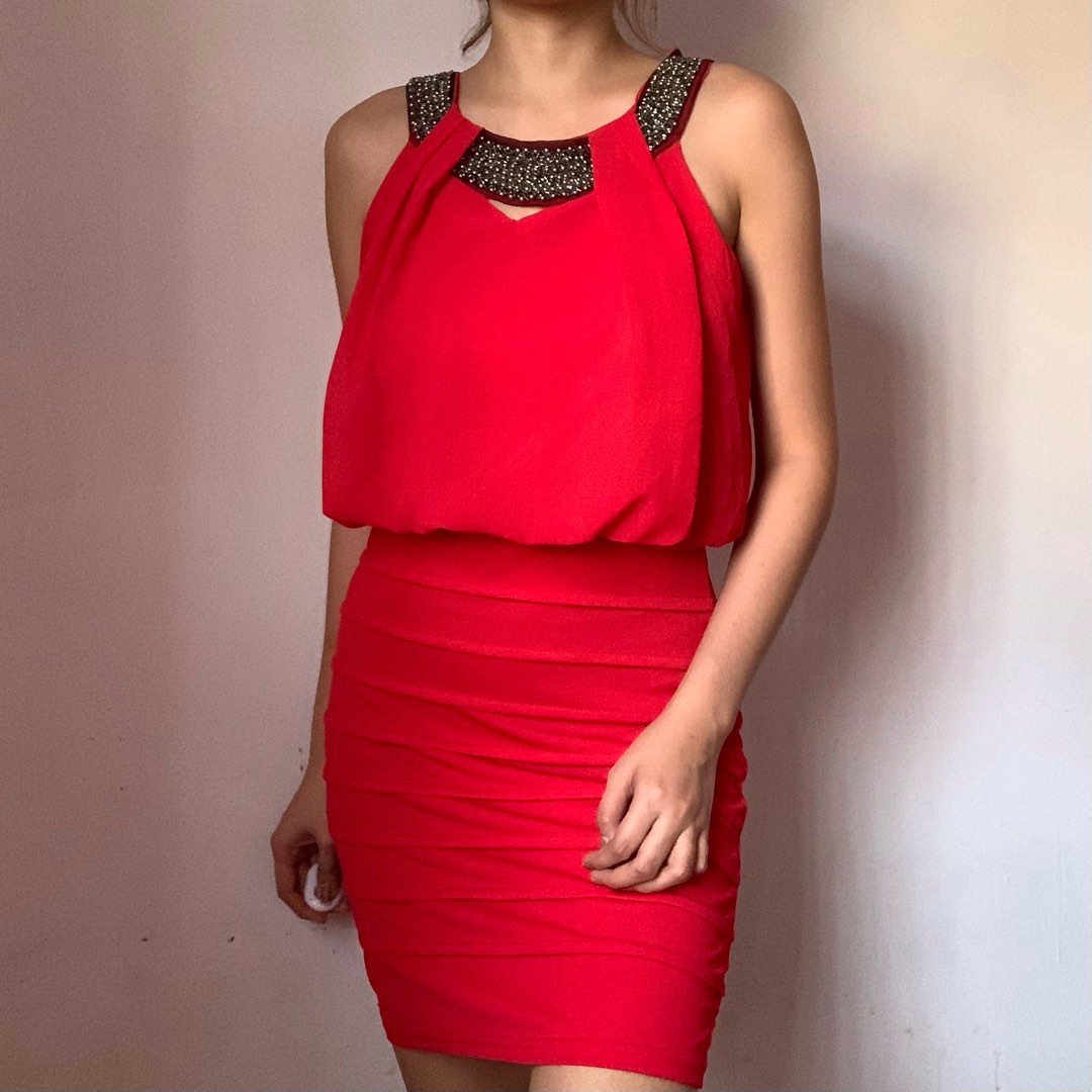Red Branded Formal Bodycon Dress, Women's Fashion, Dresses & Sets ...