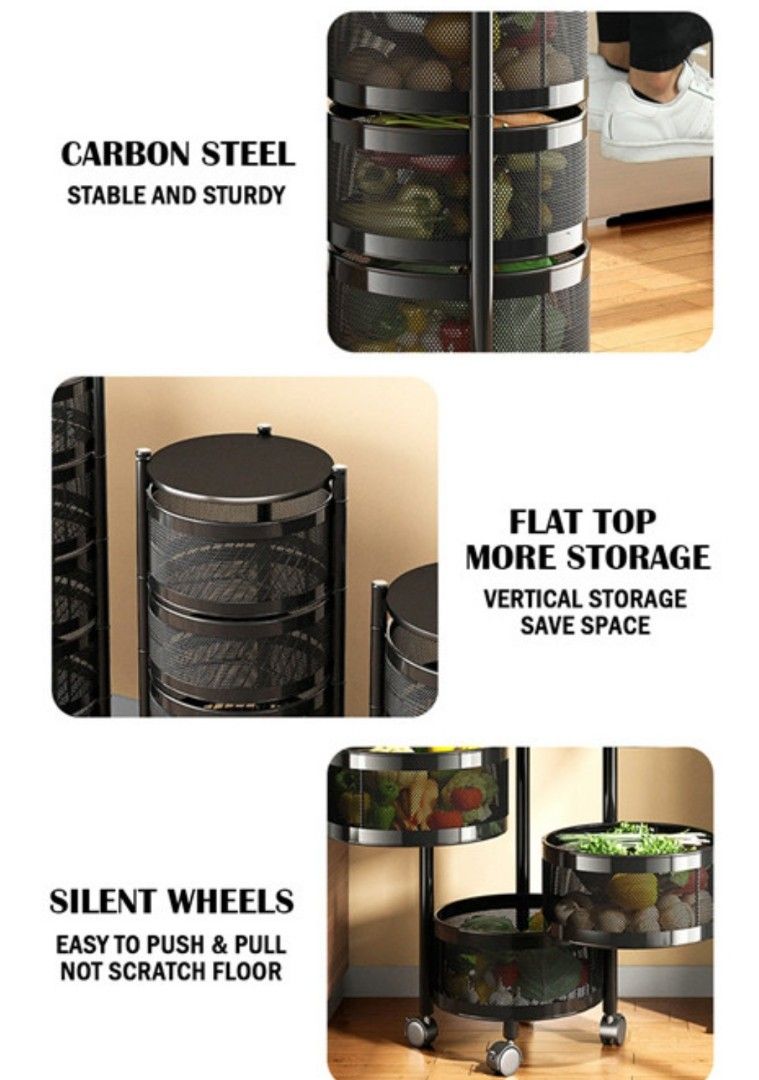 Stylish Cylindrical Kitchen Rotating Storage Box Basket Trolley Rack ...