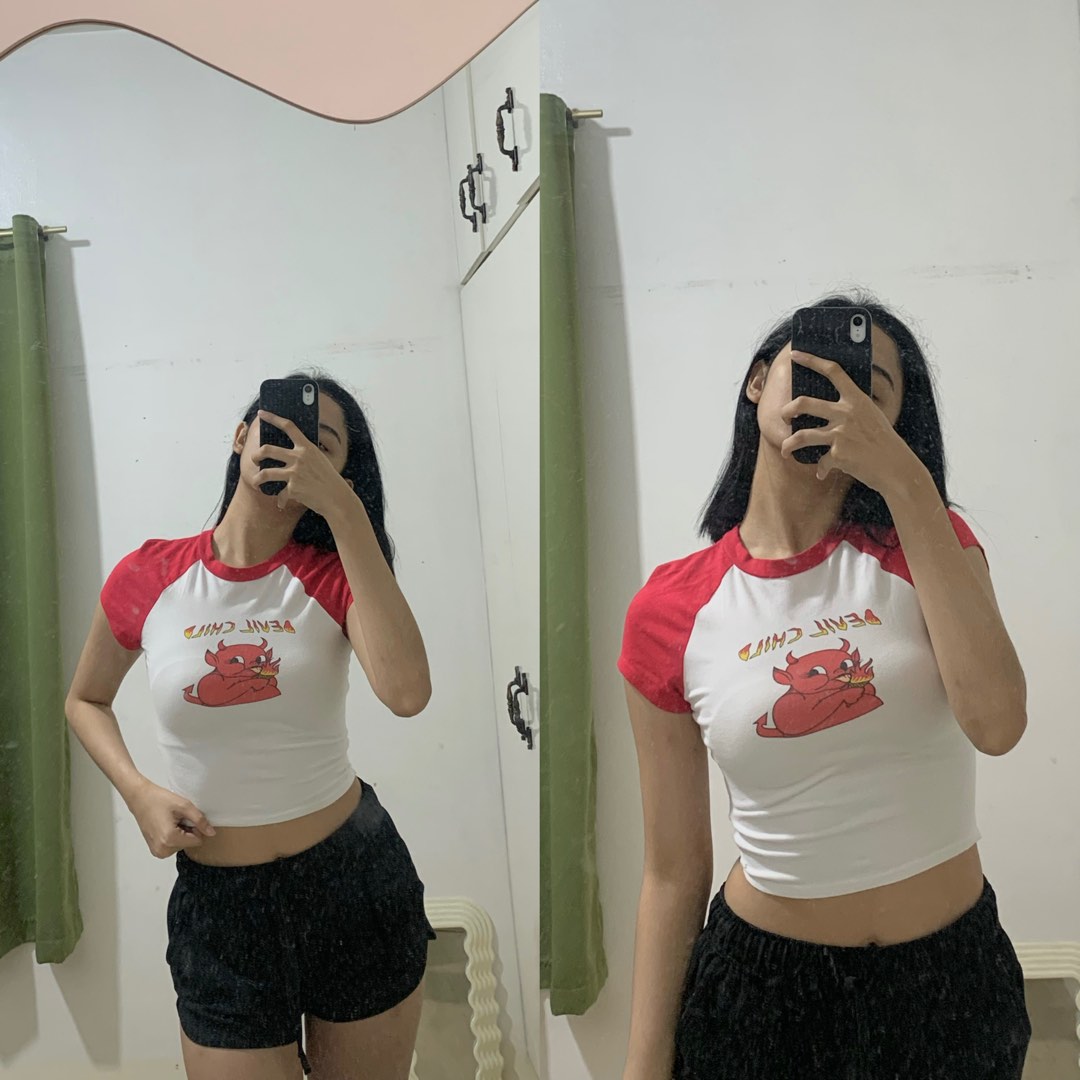 Y2K White and Red Devil Child Graphic Baby Tee on Carousell