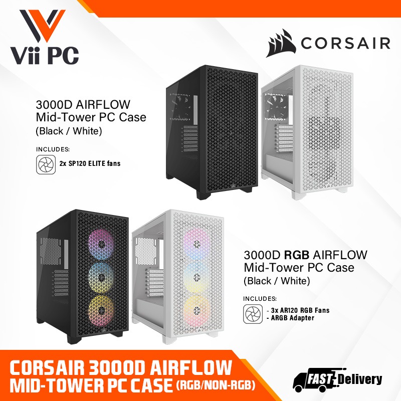 CORSAIR 3000D RGB / NON RGB AIRFLOW Mid-Tower PC Case / GAMING PC CASE ...