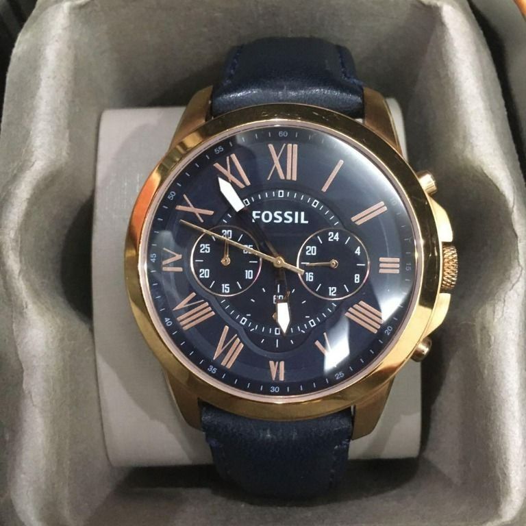 Fossil FS4835 Grant Chronograph Navy Leather Strap Blue Dial Analog Men ...