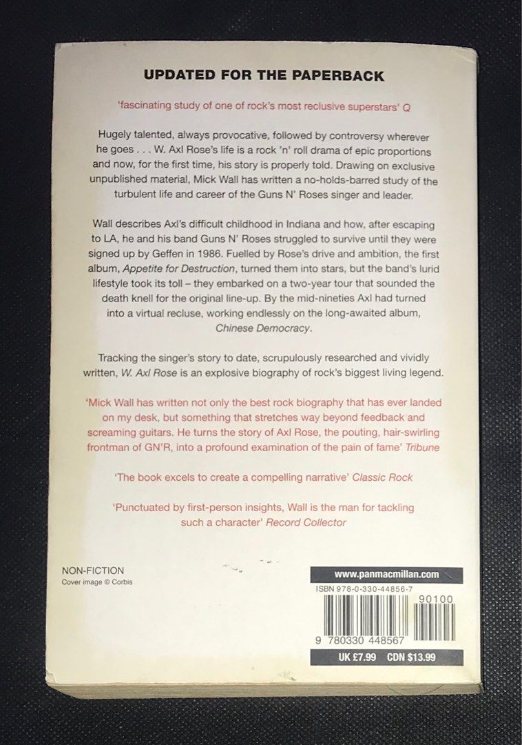 GUNS & ROSES W AXL ROSE - THE UNAUTHORISED BIOGRAPHY BOOK BY MICK WALL ...