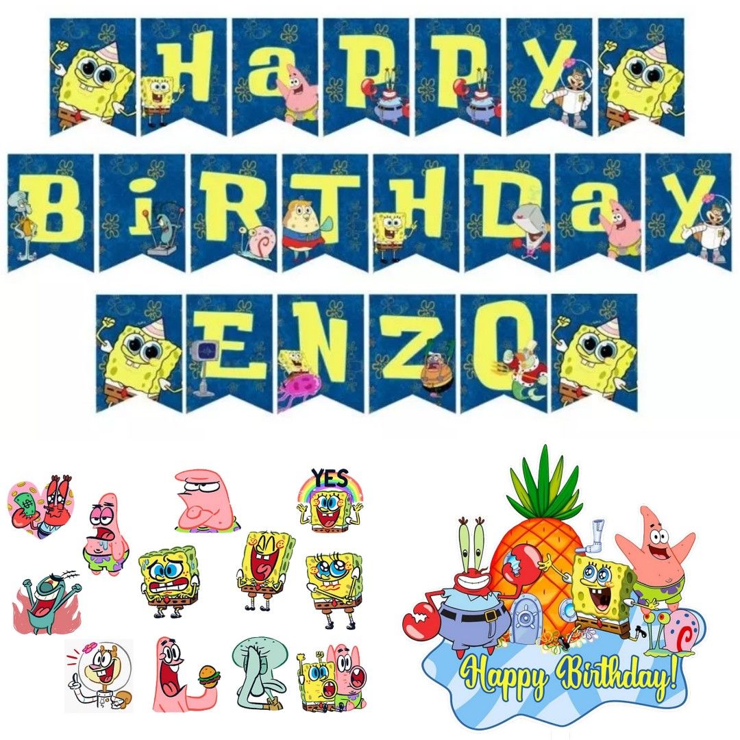 SpongeBob SquarePants Theme Happy Birthday Party Banner Cupcake Cake ...