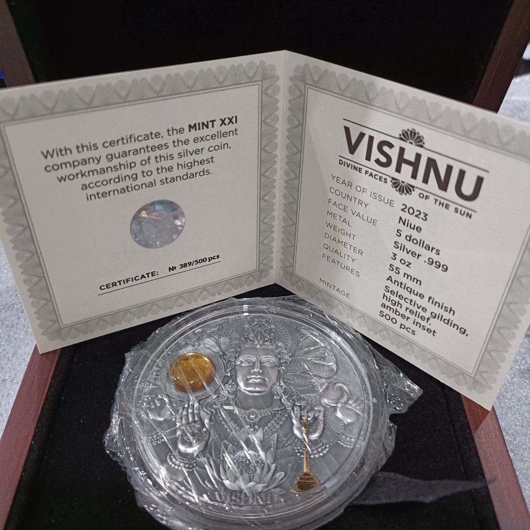 VISHNU Divine Faces of the Sun 3 Oz Silver Coin 5$ Niue 2023, Hobbies ...