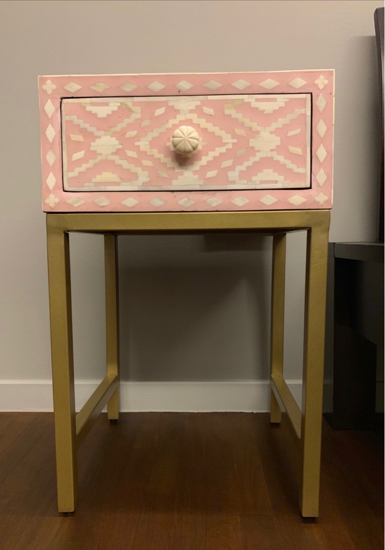 Dusty Pink Bone Inlay Bedside table (x2), Furniture & Home Living ...