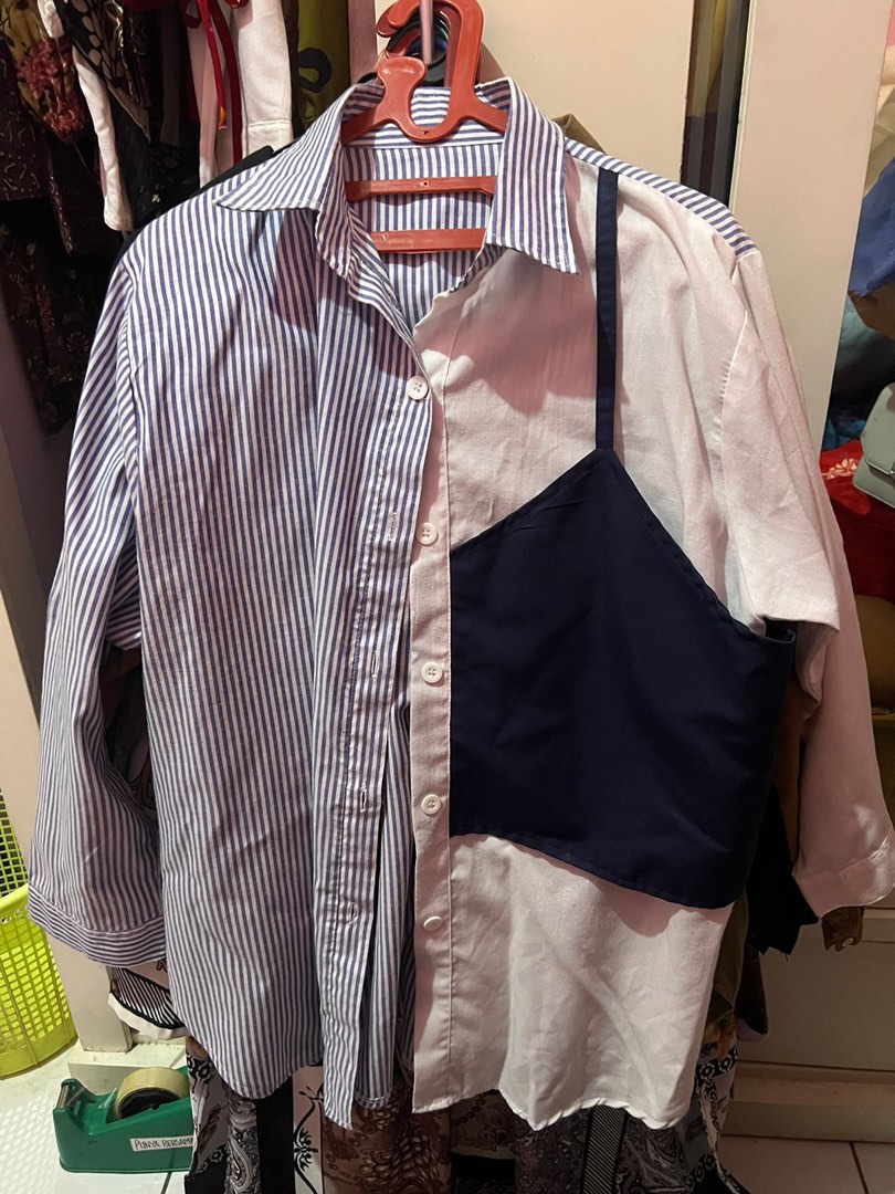 Kemeja Garis Dua Style, Fesyen Wanita, Pakaian Wanita, Atasan di Carousell