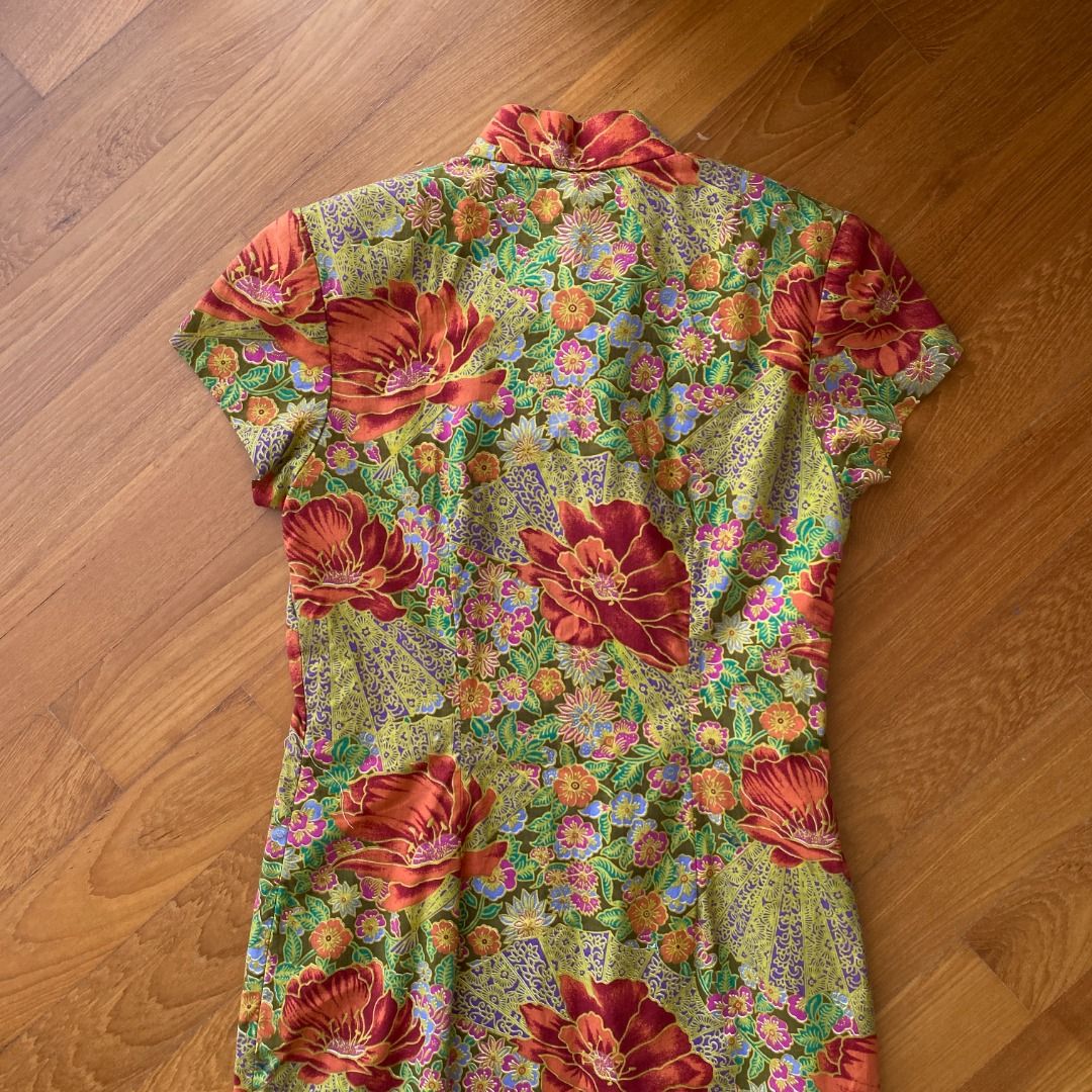 Vintage 1980s Orange & Green Floral Cheongsam Qipao Dress, Women's ...