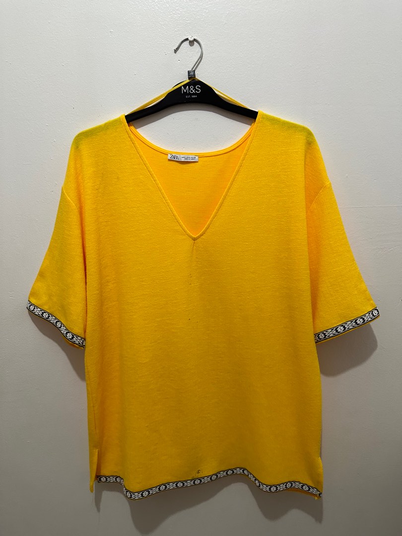 Zara Yellow knit top with black and white embroidered trim on Carousell