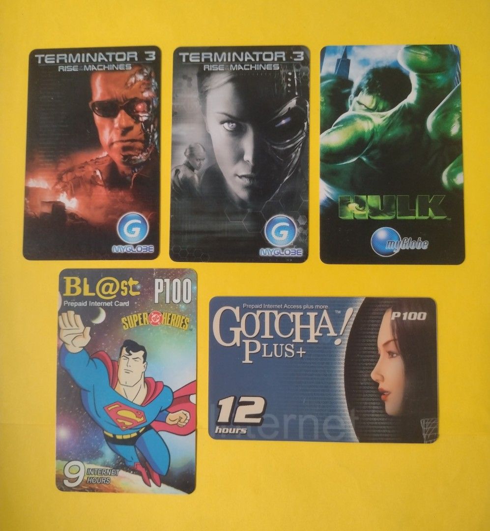 5 pcs. Internet Cards ( used ) : Terminator 3 , Hulk , Superman ...