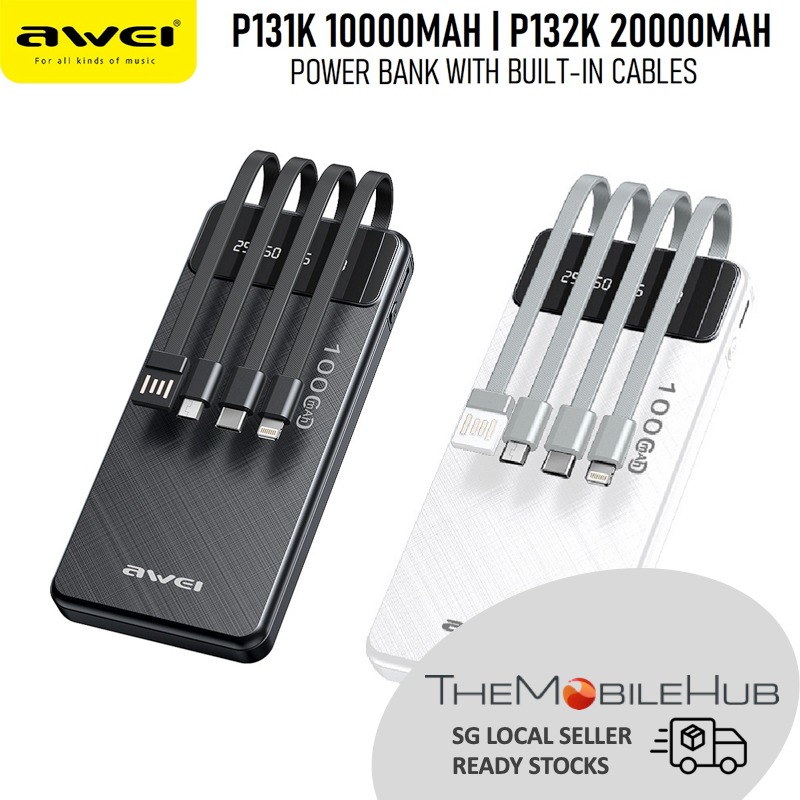 Awei P131K 10000mAh P132K 20000mAh Power Bank Built in Cable Type-C ...