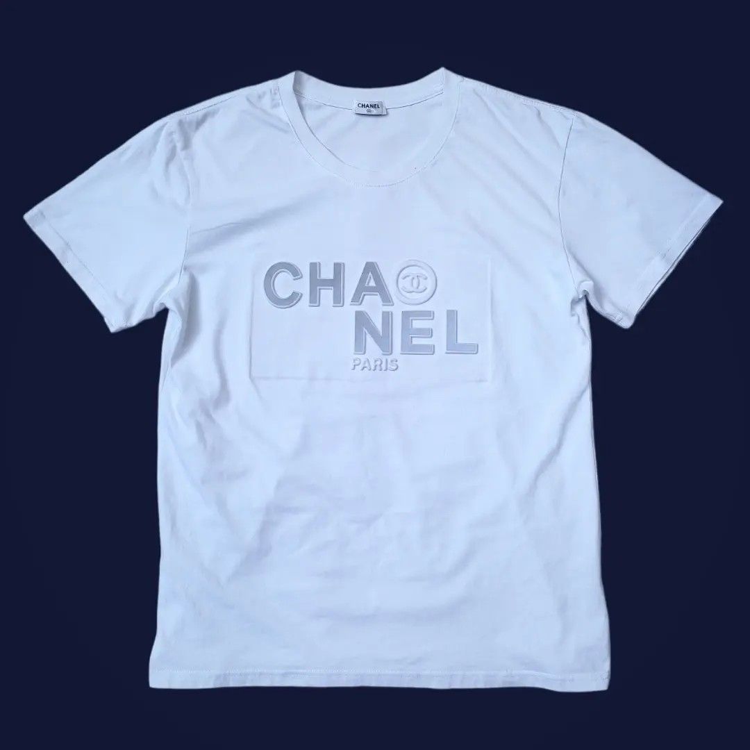 Chanel Logo Embossed Reflective Tshirt, Fesyen Wanita, Pakaian Wanita, Atasan di Carousell