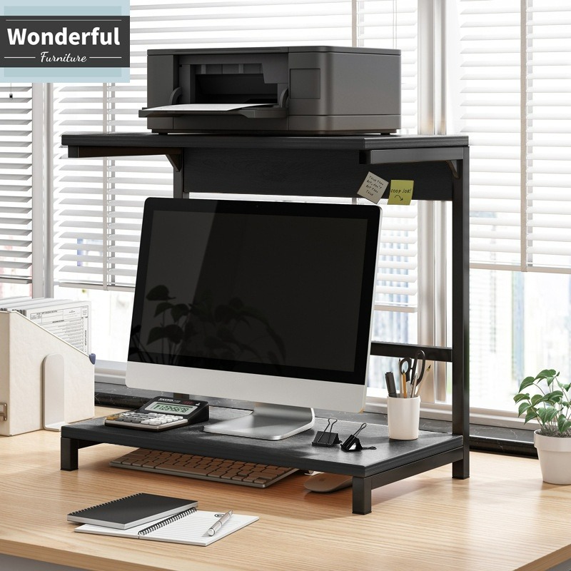 Computer Desk Stand with Printer Double Layers Wooden Monitor Stand ...