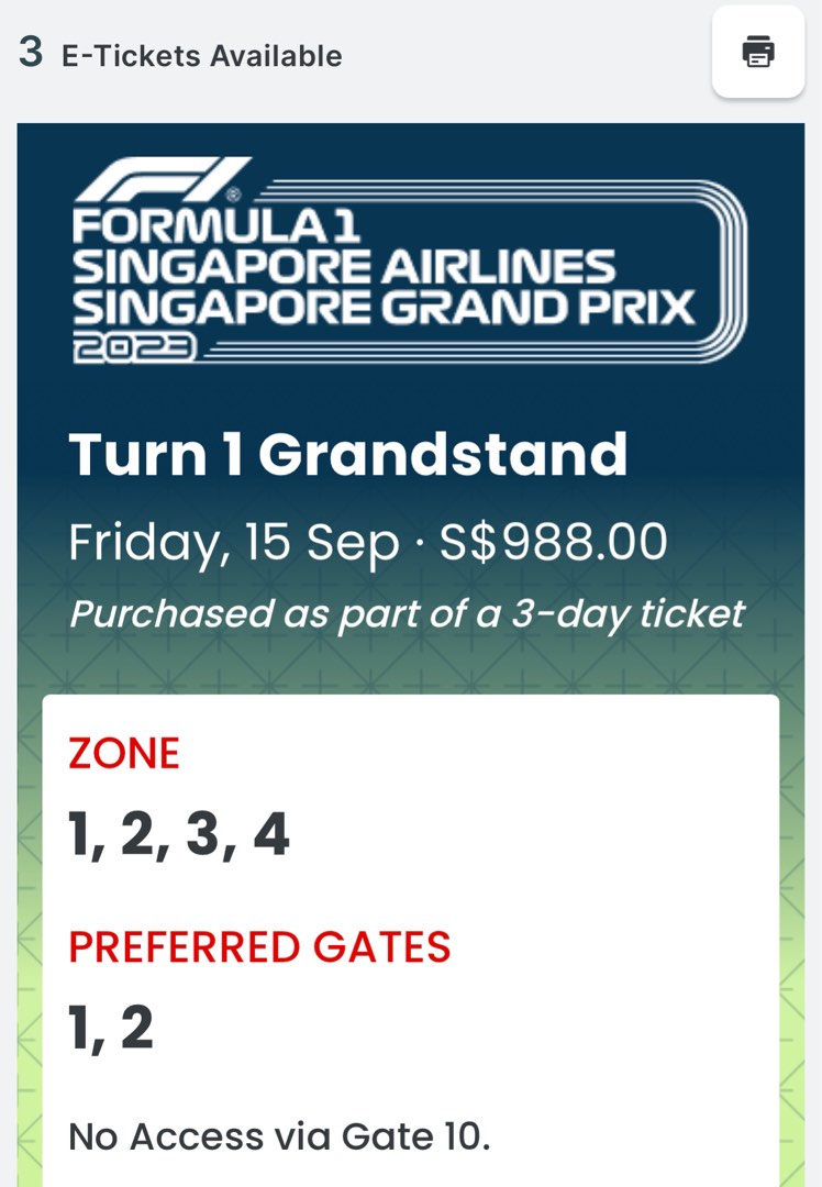F1 Singapore GP ticket Turn 1 Grandstand 3-Day, Tickets & Vouchers ...