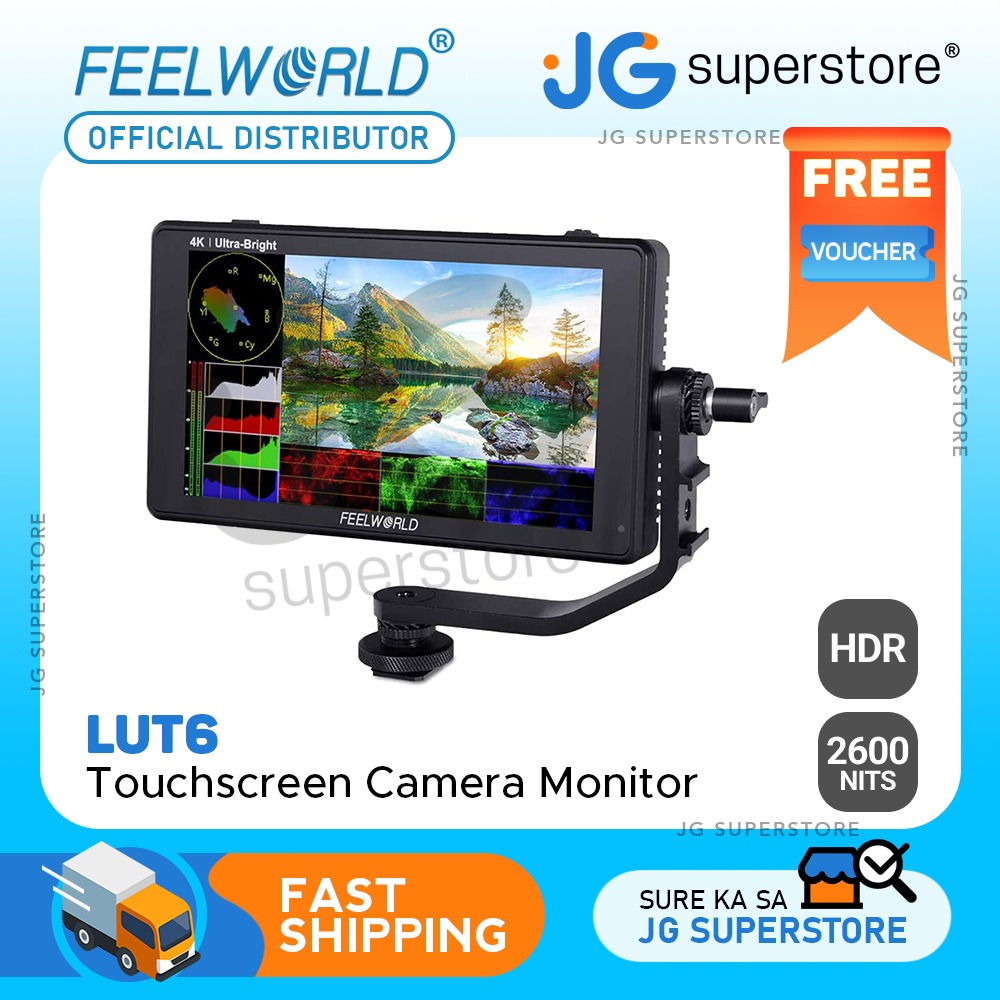 Feelworld LUT6 6" Touchscreen Camera Field Monitor 1920 x 1080 Resolution with Tilt Arm, 4K HDMI ...