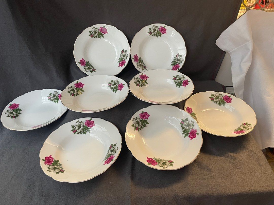 8 Large Bunga Kangkung gold rim deep plates (free 1 plate), Hobbies ...