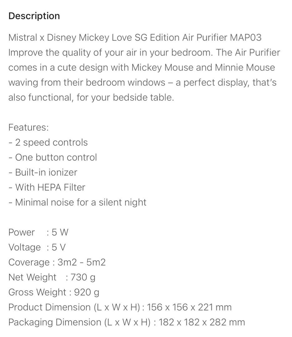 Mistral Disney Air purifier MAPO3, TV & Home Appliances, Air Purifiers ...
