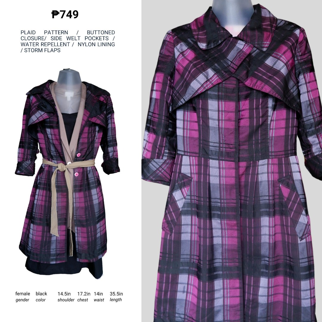 Plaid Black and Violet Nylon Trenchcoat Dress, Women's Fashion, Coats ...