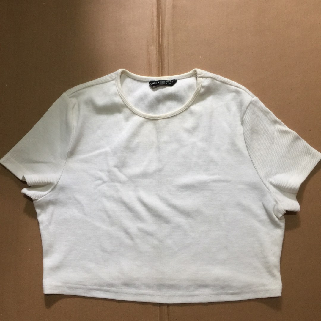 SHEIN Basic White Rib-knit Crop Tee on Carousell