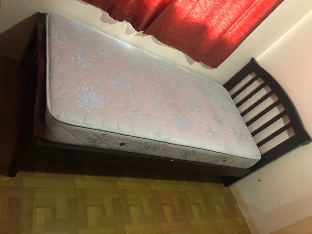 Single Wooden Bed Frame with Salem Spring Mattress on Carousell