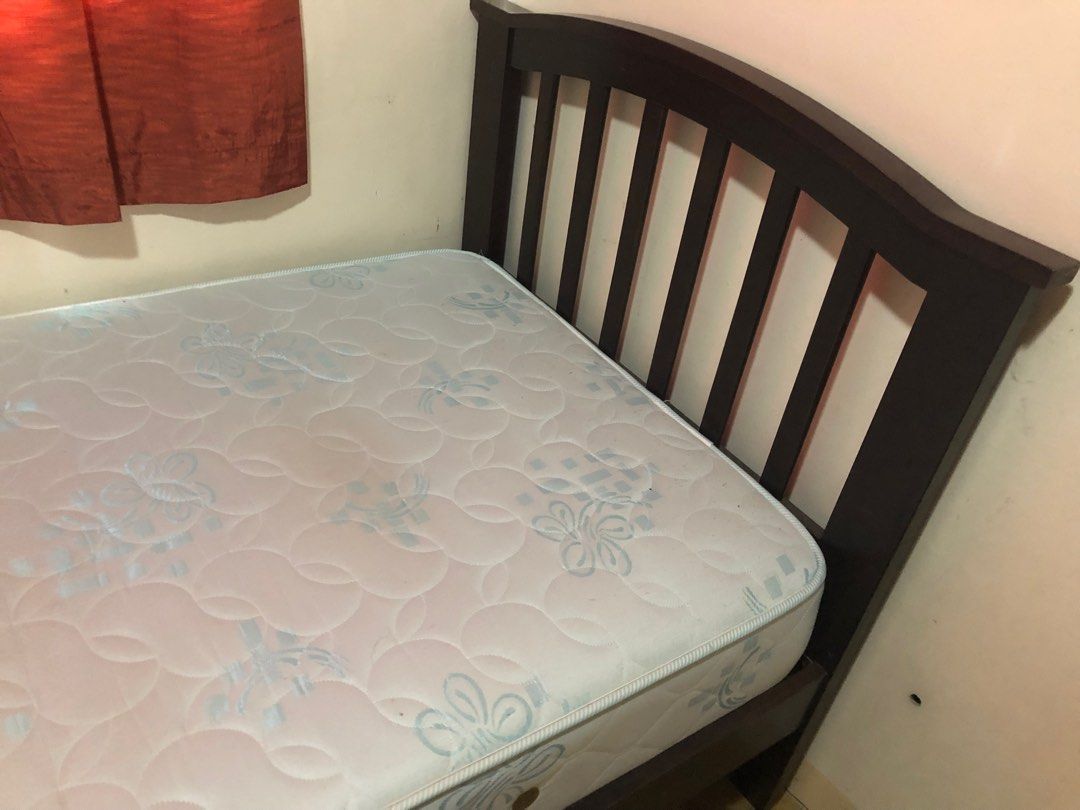 Single Wooden Bed Frame with Salem Spring Mattress on Carousell