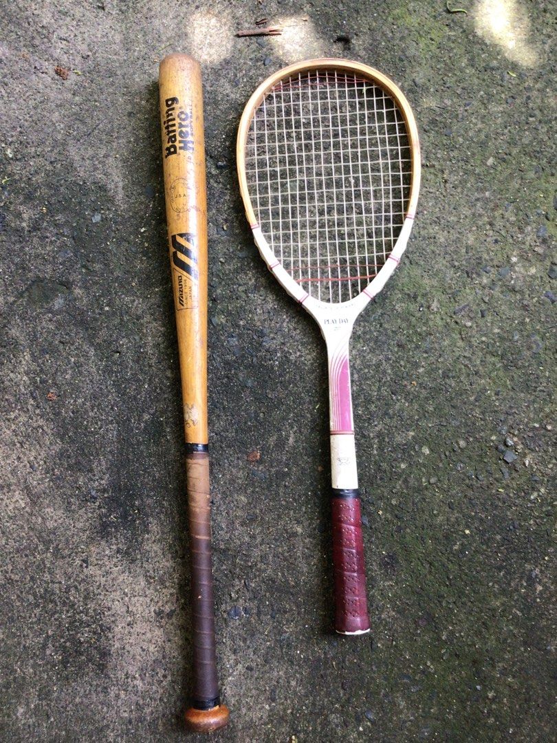 Vintage tennis racket and baseball bat wooden on Carousell