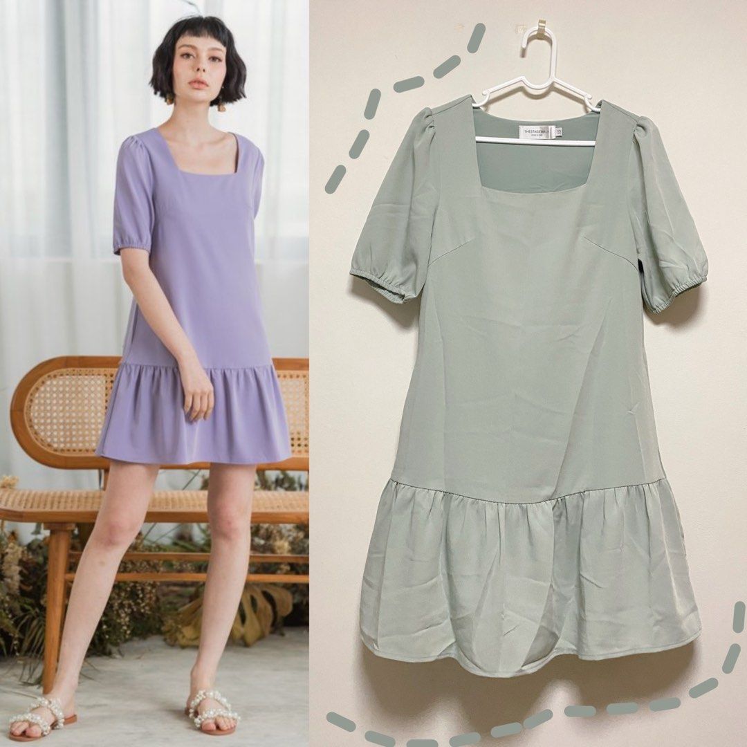 (XS) TSW The Stage Walk Square Neck Ruffle Hem Mini Dress in Sage Green ...
