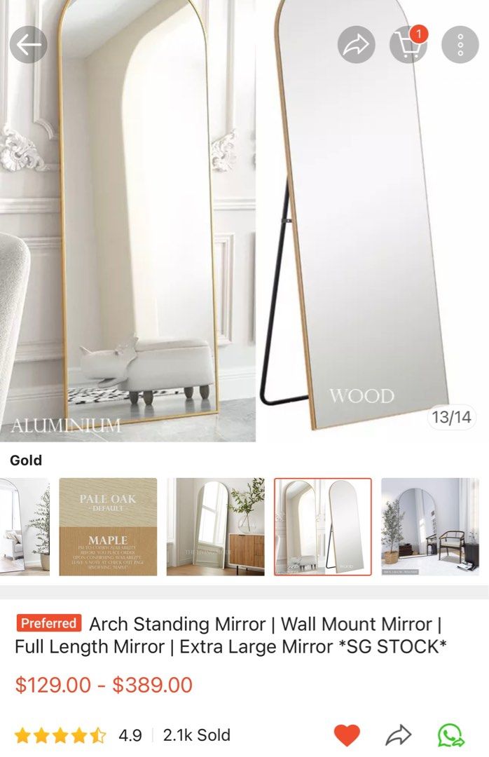 $50 Standing Mirror 180cm x 60cm, Furniture & Home Living, Home Decor ...