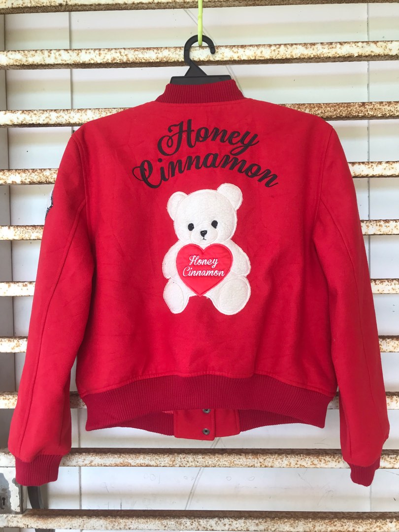 Honey Cinnamon Bear Rayon Blend Varsity Jacket Red Authentic, Women's ...