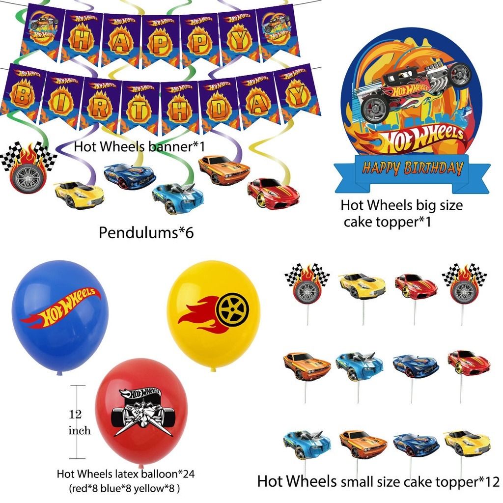 Hot Wheels Birthday Theme Set: HBD Banner, Hanging Swirls, Big Cake ...