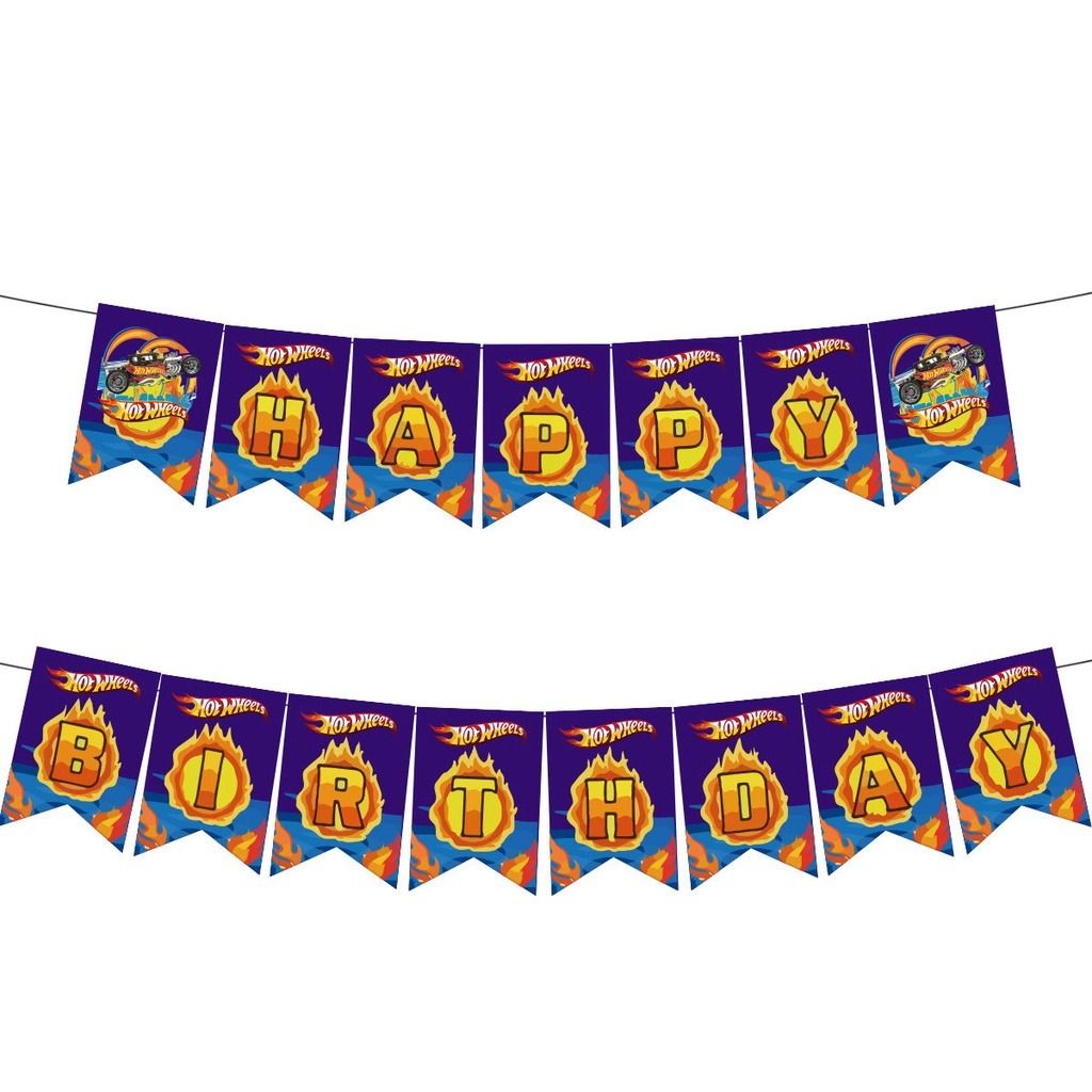 Hot Wheels Birthday Theme Set: HBD Banner, Hanging Swirls, Big Cake ...