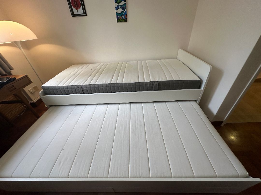 IKEA Slakt Bed frame with underbed and storage, 2 matrasses, Furniture ...