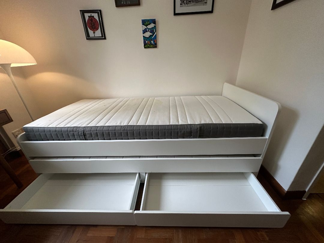 IKEA Slakt Bed frame with underbed and storage, 2 matrasses, Furniture ...