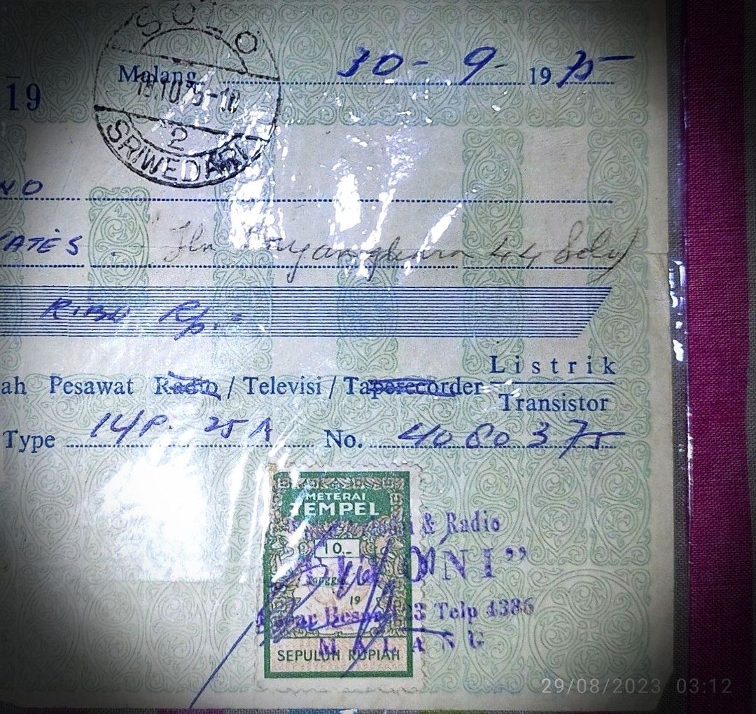 Nota Pembelian TV Sharp th.1975 bermaterai Rp10, Antik, Filateli di ...