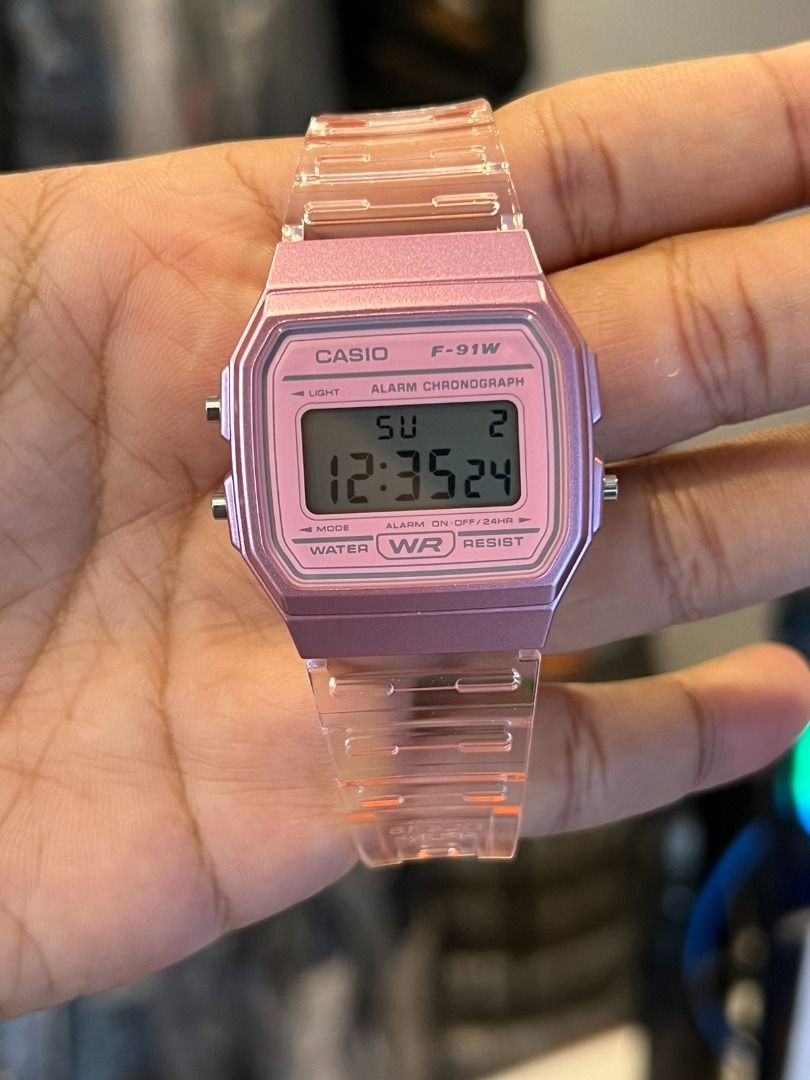 ORIGINAL CASIO Digital Pink Transparent Resin Band Ladies Watch F-91WS ...