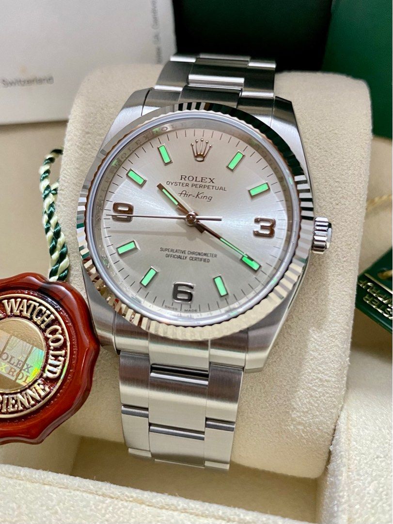 Rolex Airking 34 Silver 369 Sunburst Dial White Gold Fluted Bezel ...