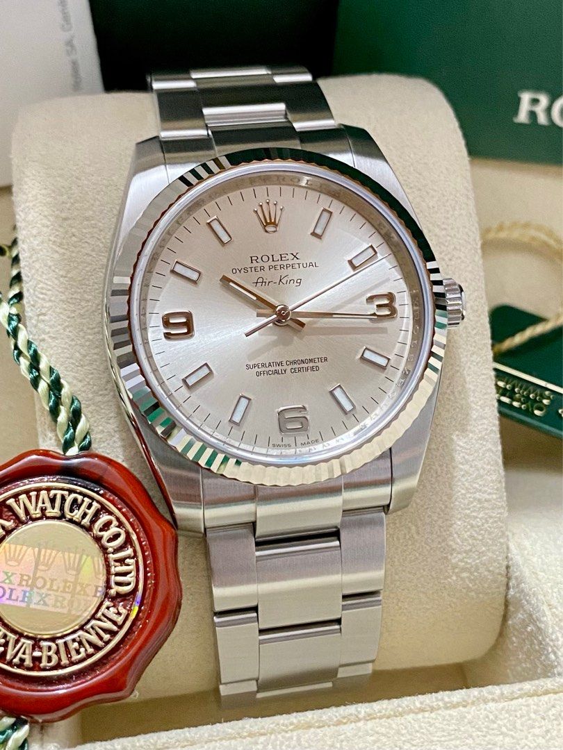 Rolex Airking 34 Silver 369 Sunburst Dial White Gold Fluted Bezel ...